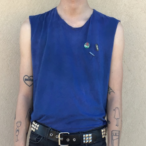 Tops | Vintage Blue Muscle Tee With Pins | Poshmark